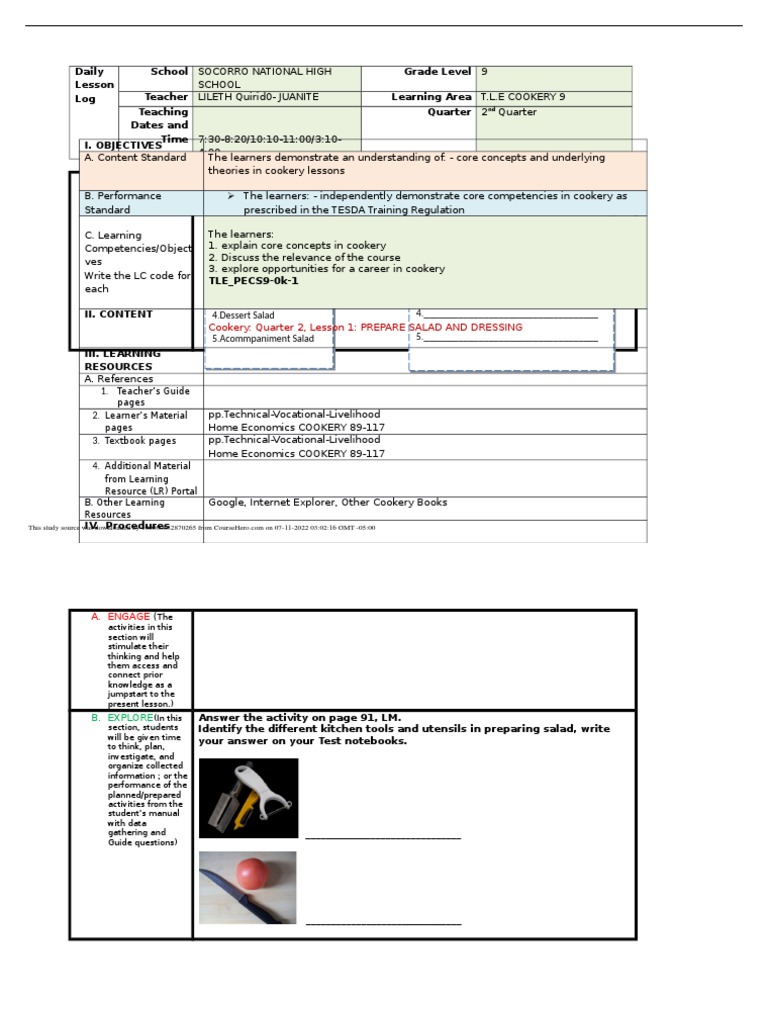 Cookery: Quarter 2, Lesson 1: PREPARE SALAD AND DRESSING | PDF | Rubric ...