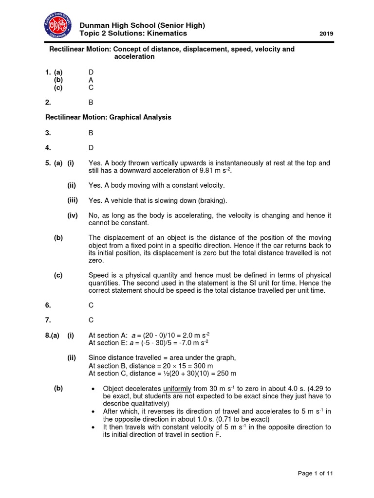 H2 Tutorial Solutions - Kinematics | PDF | Acceleration | Velocity