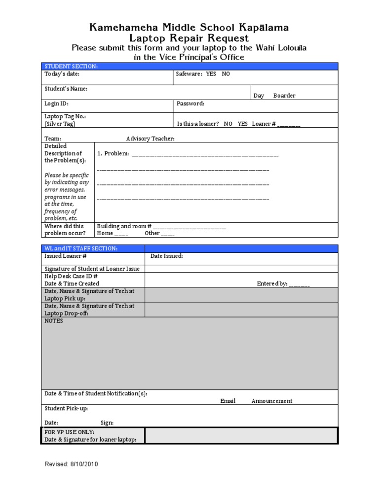 Kamehameha Middle School Laptop Repair Form | PDF | Information ...