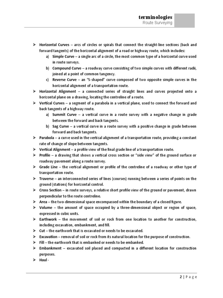 Route Surveying Terminologies Explained | PDF | Tangent | Curve