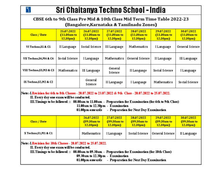 CBSE 6th To 9th Class Pre Mid & 10th Class Mid Term Time Table 2022-23 (Bangalore, Karnataka ...