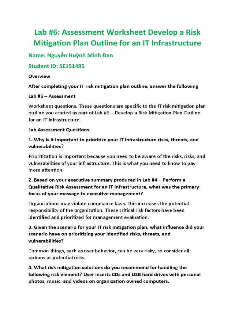 Lab #6: Assessment Worksheet Develop A Risk Mitigation Plan Outline For ...