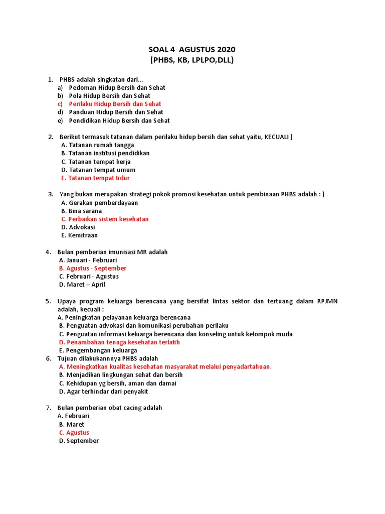Soal PHBS dan Kesehatan Agustus 2020 | PDF | Pengembangan Diri | Kesehatan Holistik