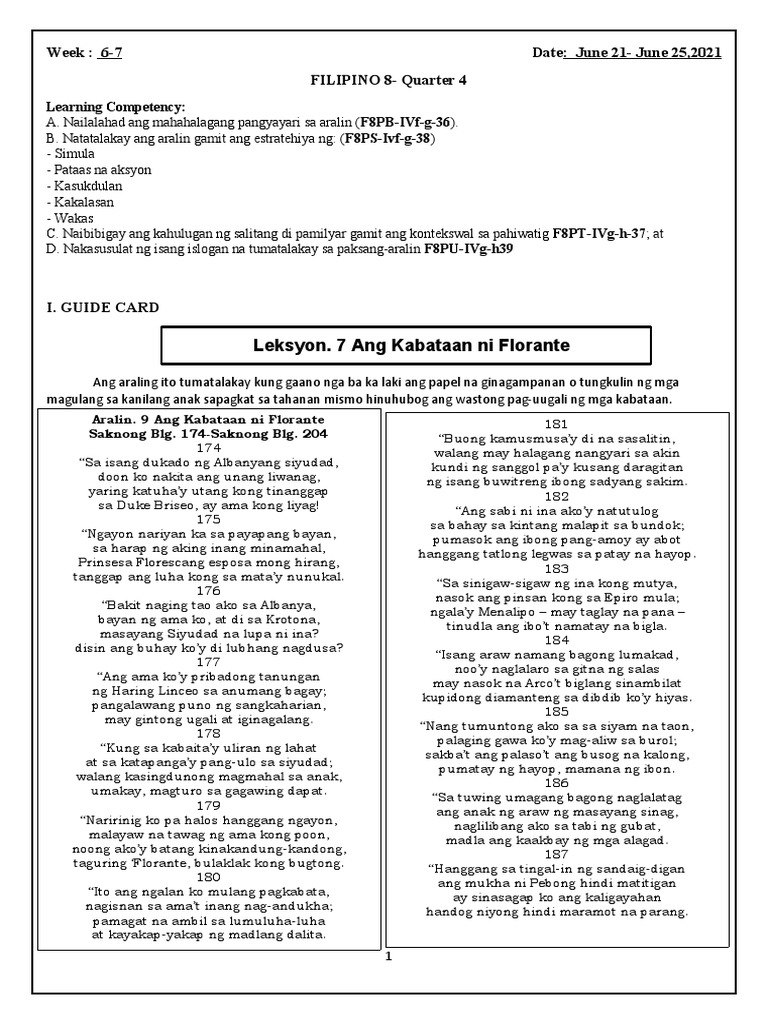 q4 - Mod6-7 Leksyon. 7 Ang Kabataan Ni Florante | PDF