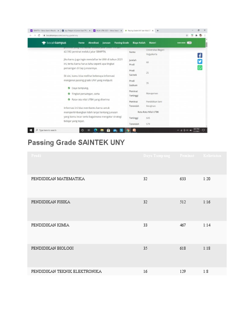 Passing Grade SAINTEK UNY | PDF