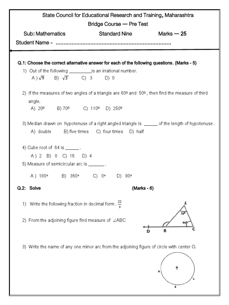 State Council for Educational Research and Training Math Pre-Test | PDF