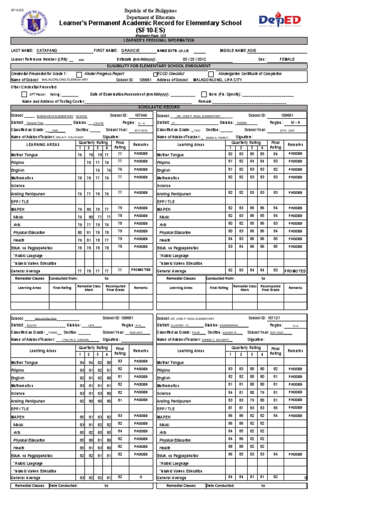 Learner's Permanent Academic Record For Elementary School (SF10-ES) | PDF