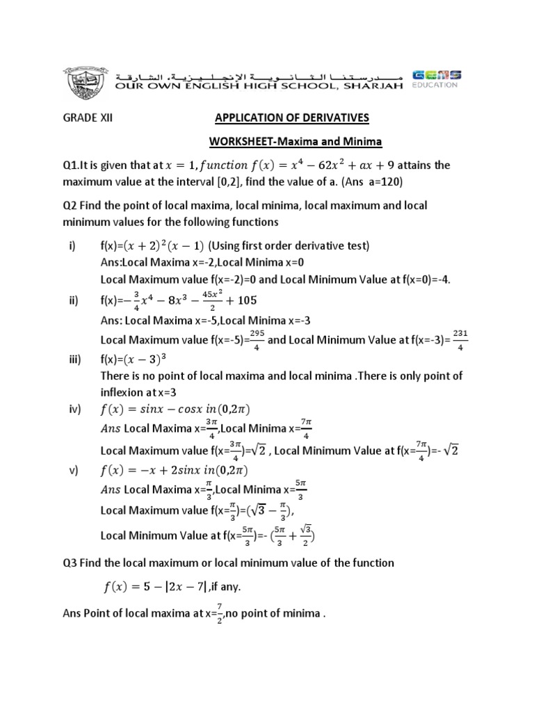 Worksheet - Maxima and Minima | PDF | Maxima And Minima | Algorithms And Data Structures