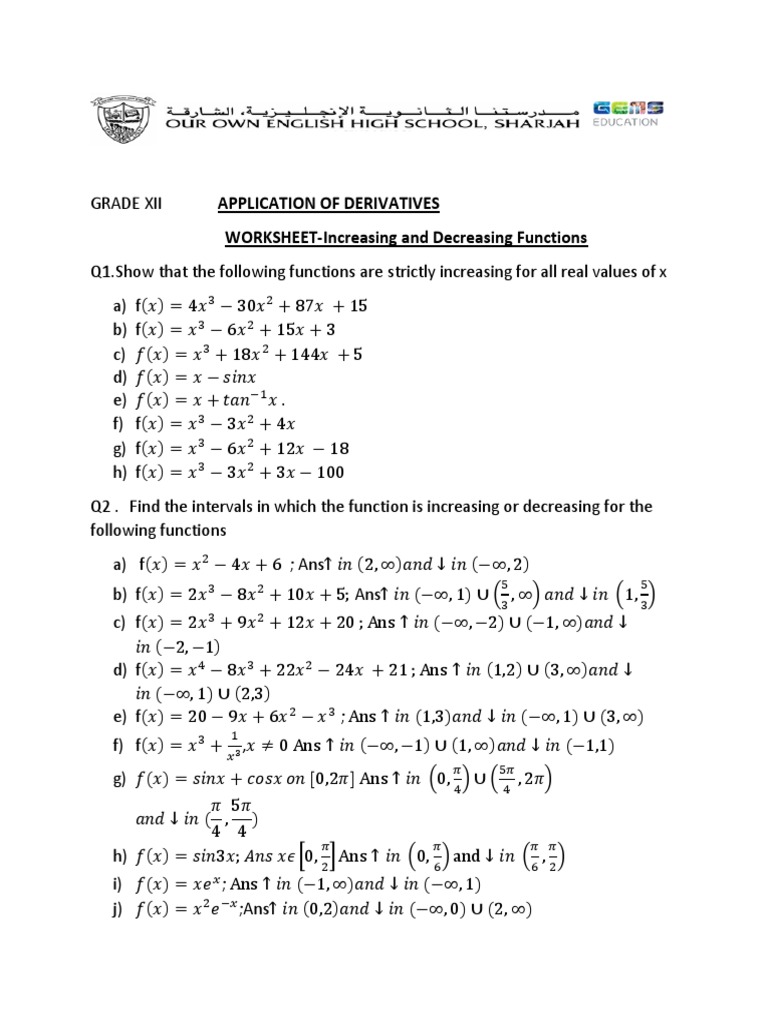 Worksheet - Increasing and Decreasing Functions | PDF | Analysis ...