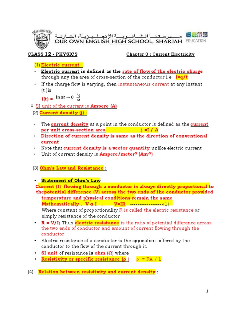 Chap 3 - Current Electricity - Note 2 | PDF | Electrical Resistivity ...