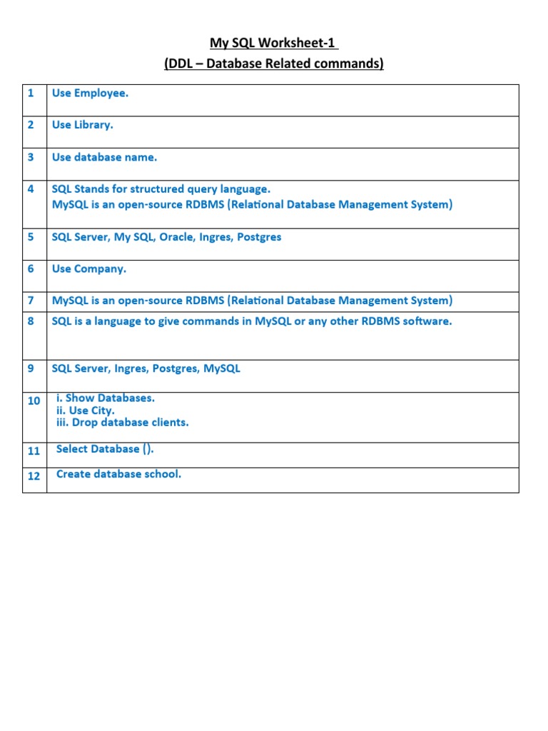 MySQL Solution 1st 5 Worksheets | PDF | Relational Database | My Sql MySQL Solution 1st 5 Worksheets | PDF | Relational Database | My Sql