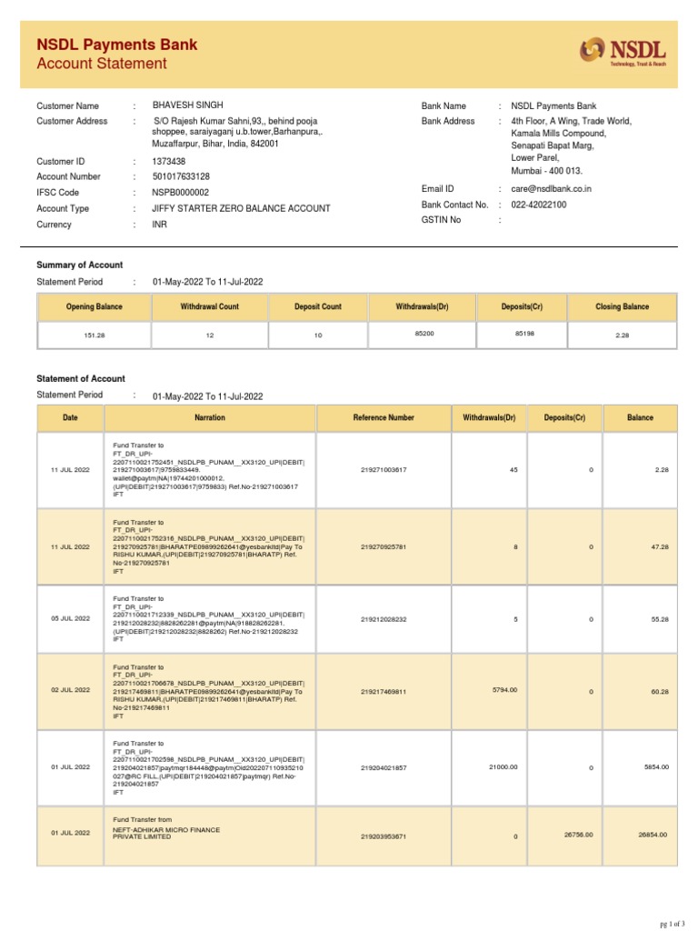 Account Statement: NSDL Payments Bank | PDF | Banks | Financial Technology
