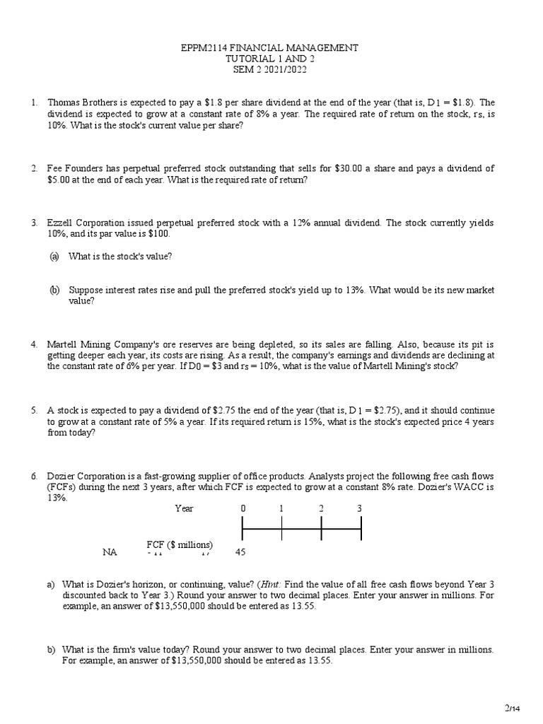 Financial Management Tutorial Questions | PDF | Yield (Finance) | Bonds ...