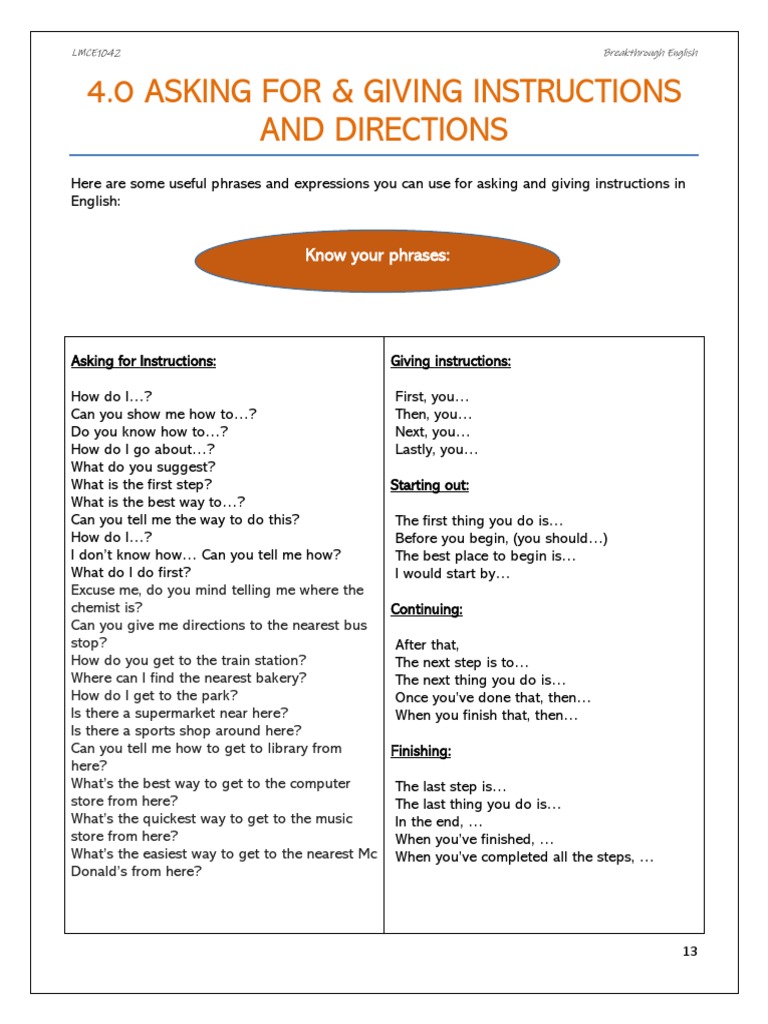 Giving Instructions and Directions in English | PDF | Intersection ...