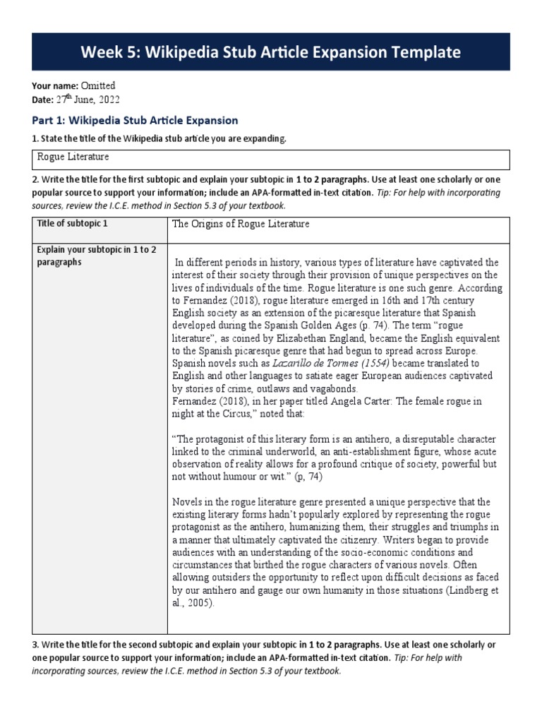 Week 5 Wikipedia Stub Article Expansion Template 8.20.21 | PDF