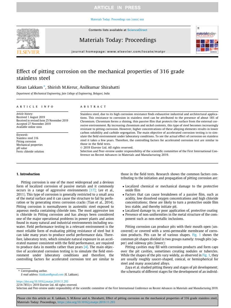 Effect of Pitting Corrosion On The Mechanical Properties of 316 Grade ...