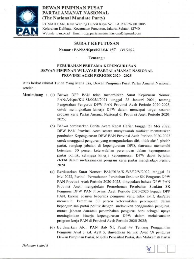 SK Perubahan Pertama DPW PAN ACEH Tahun 2020-2025 | PDF