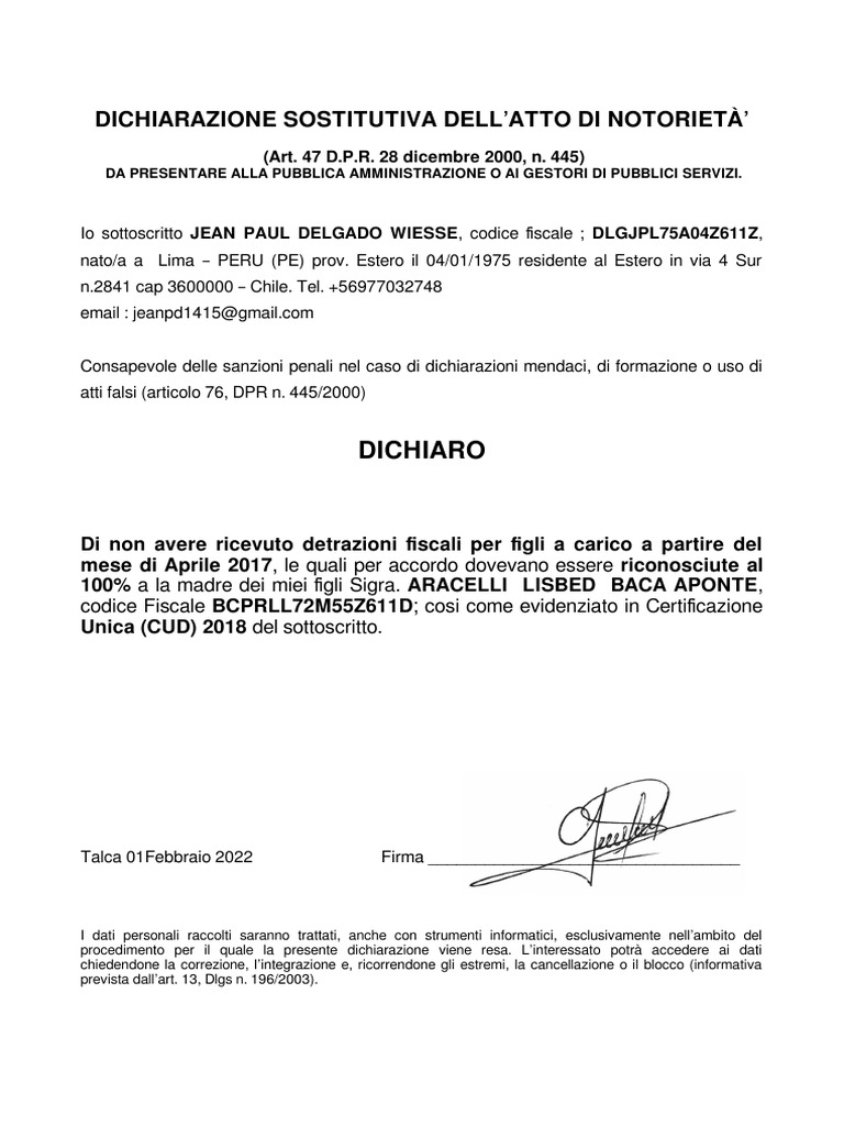 Dichiarazione Sostitutiva Di Atto Notorio | PDF