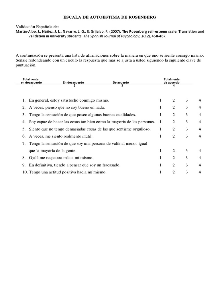 Escala de Autoestima de Rosenberg en Español | PDF