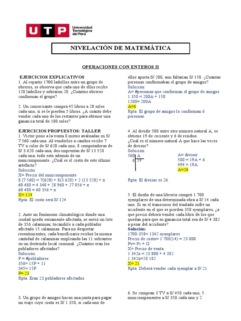 Operaciones Con Enteros Ii | PDF | División (Matemáticas) | Matemática Elemental