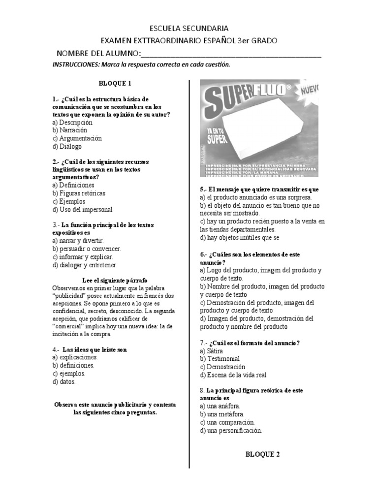 Examen Final 3ro Español | PDF | Experimentar