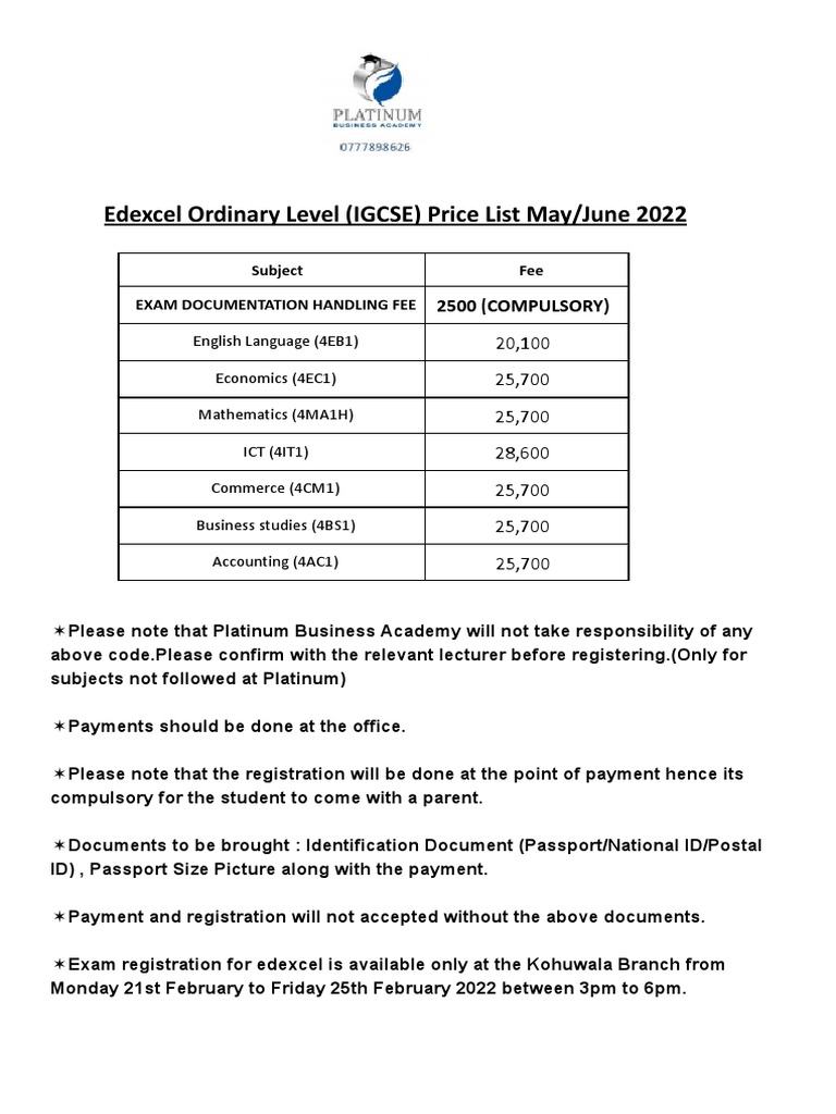 Edexcel Ordinary Level Price List | PDF