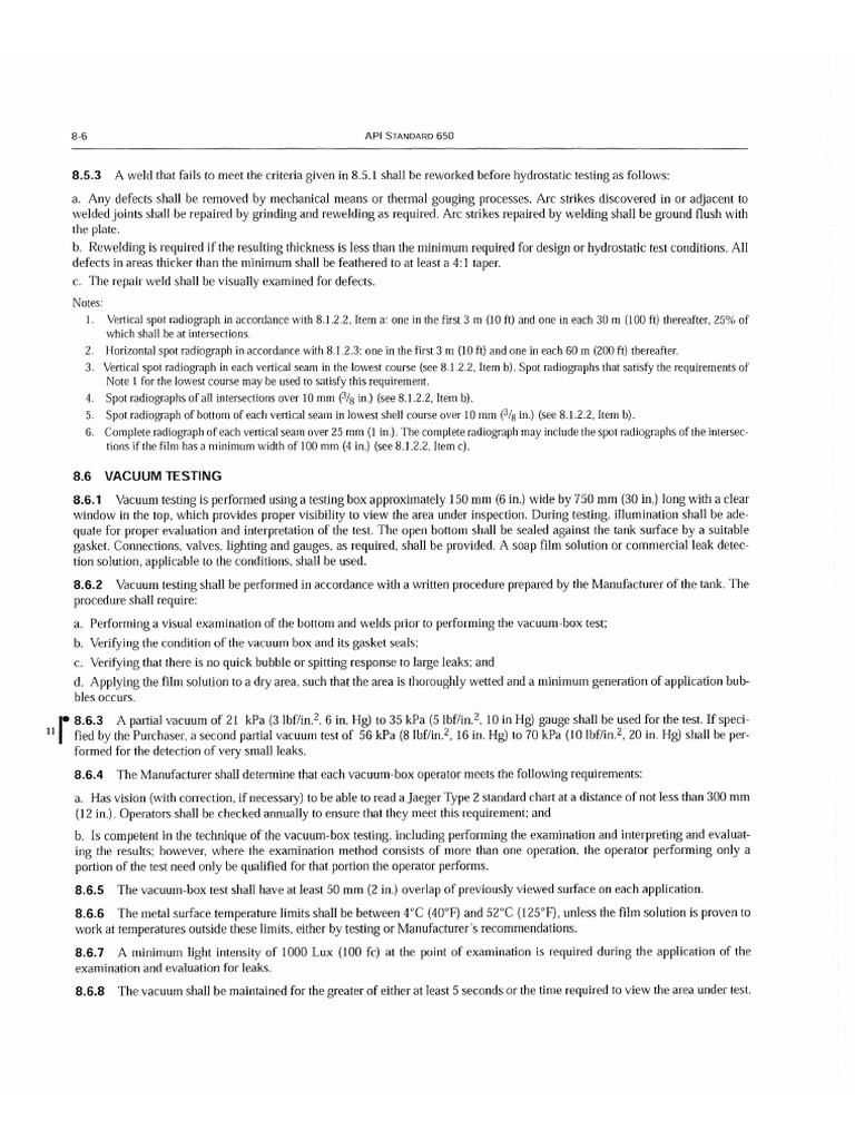 API.650.2007 Vacuum Test | PDF