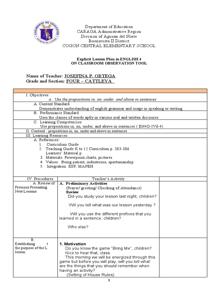 English 4 Lesson Plan: Prepositions | PDF | Curriculum | Teachers