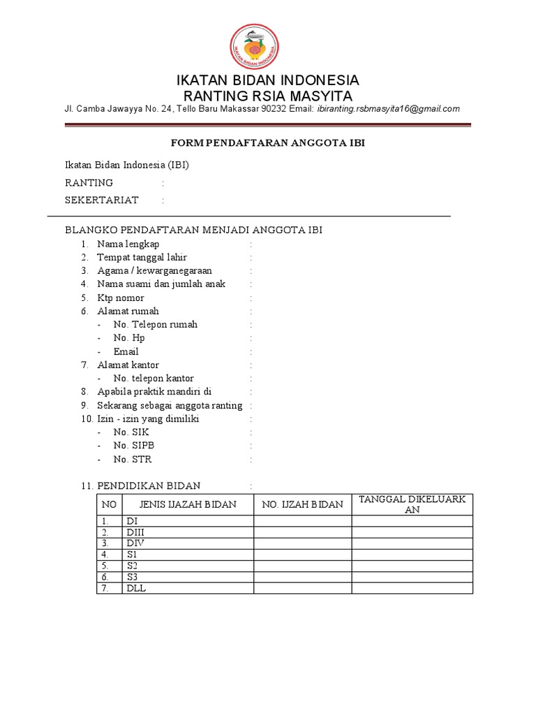 Form Pendaftaran Anggota Ibi | PDF