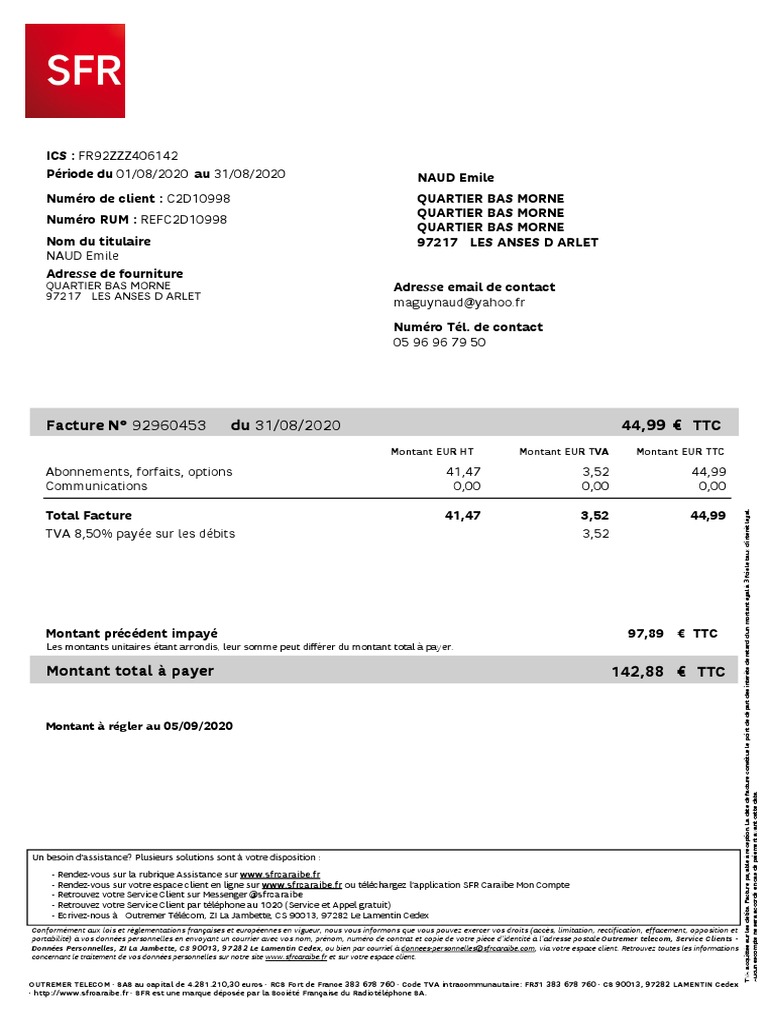 44,99 TTC Facture #92960453 Du 31/08/2020: Quartier Bas Morne 97217 Les Anses D Arlet | PDF ...