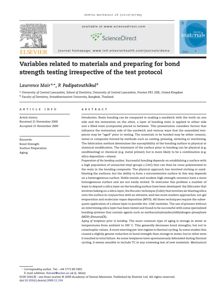 Variables Related To Materials and Preparing For Bond Strength Testing ...