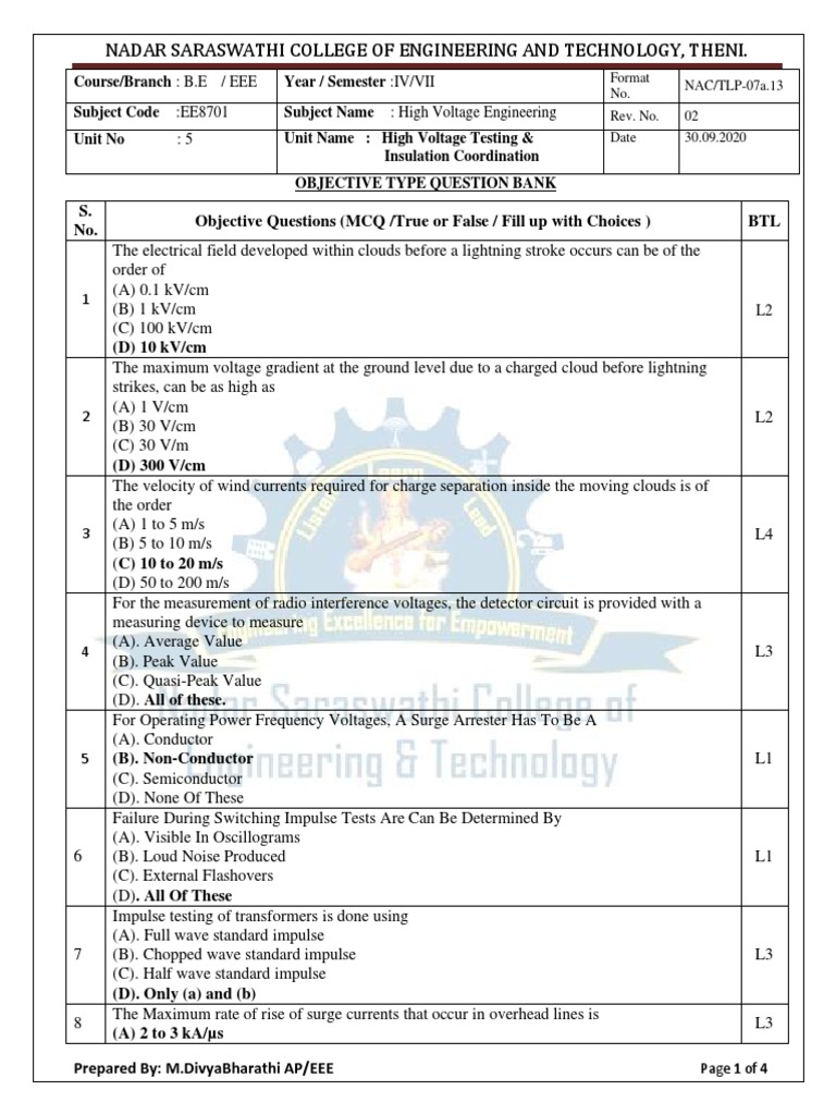 High Voltage Engineering Question Bank | PDF | Electrical Breakdown ...