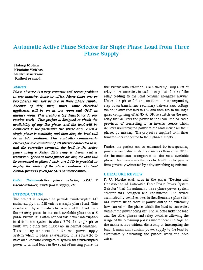 Automatic Active Phase Selector For Single Phase Load From Three Phase ...
