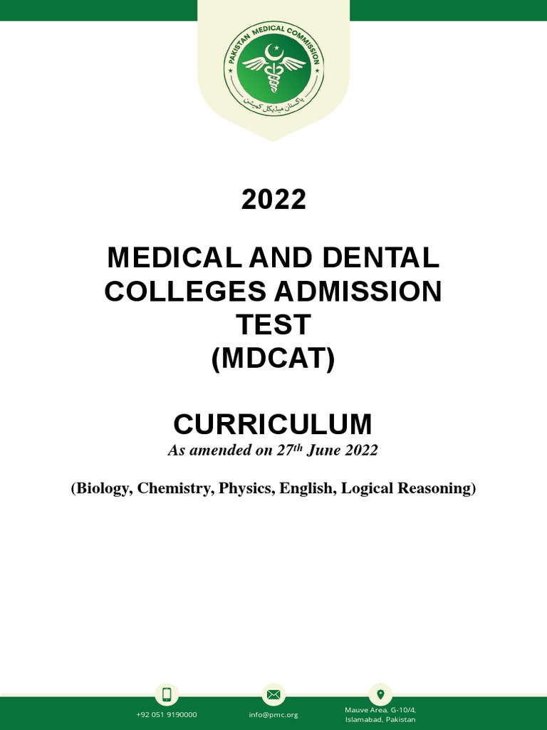 2022 Medical and Dental Colleges Admission Test (Mdcat) Curriculum ...