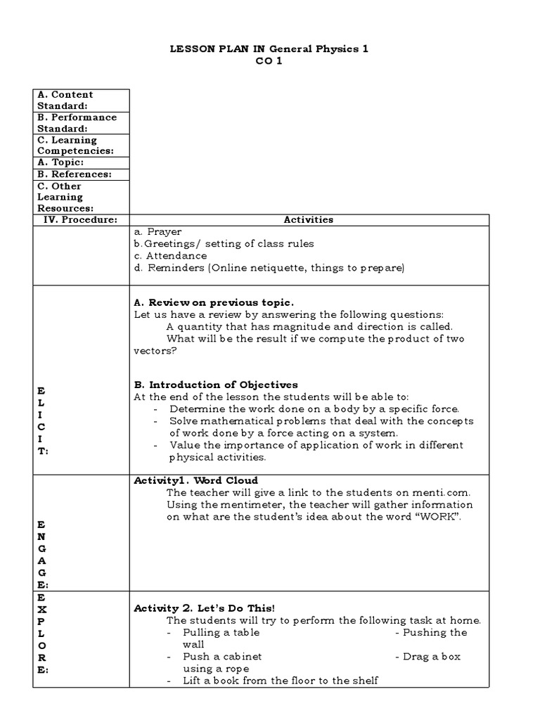 LESSON PLAN IN General Physics 1 CO1 | PDF | Force | Composition ...