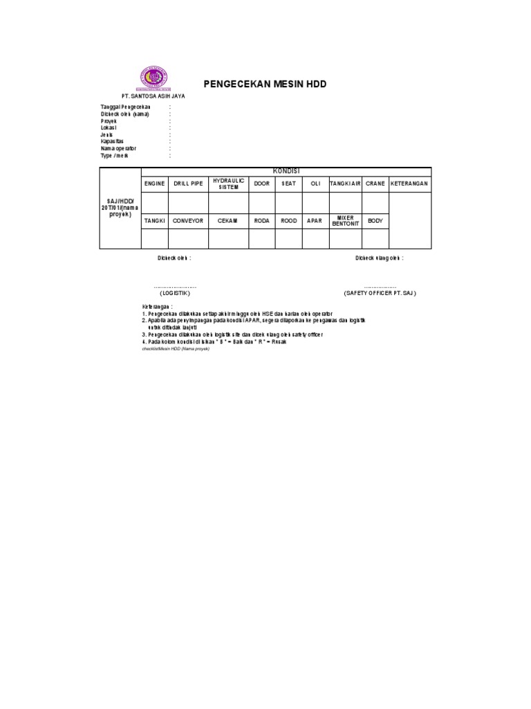 Checklist Pengecekan Mesin HDD dan Alat | PDF