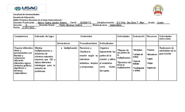 Plan de Clase Matematica 1 | PDF | Cognición