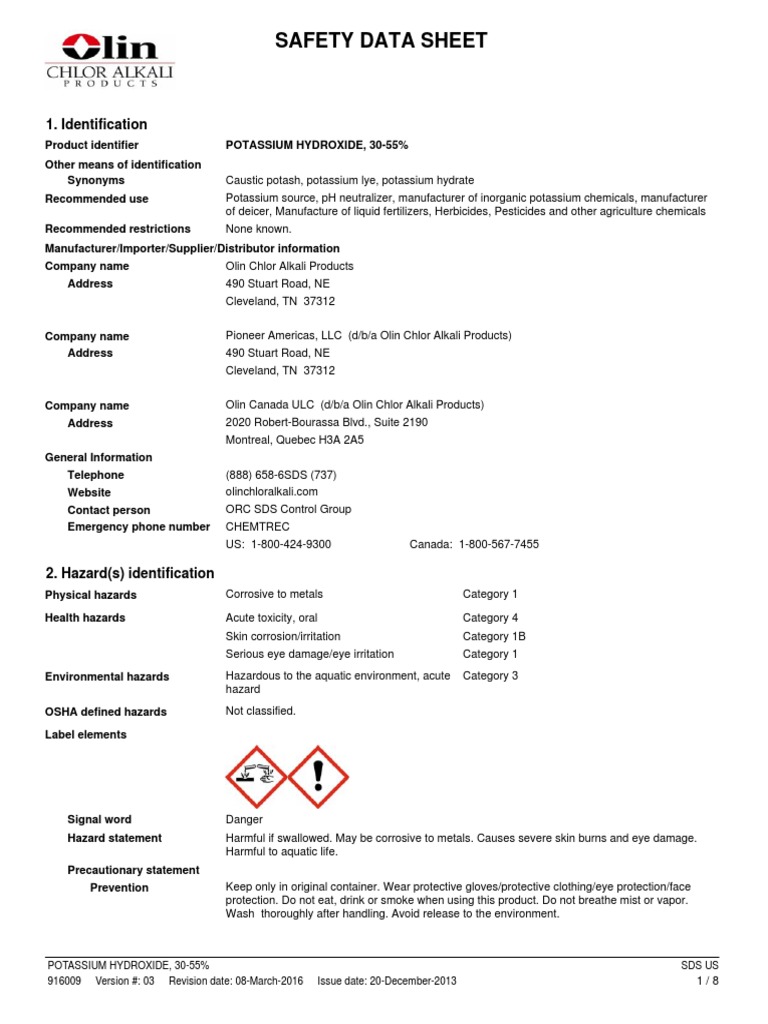 SDS - Olin - KOH - 30 - US - SDS - US - English | PDF | Firefighting ...