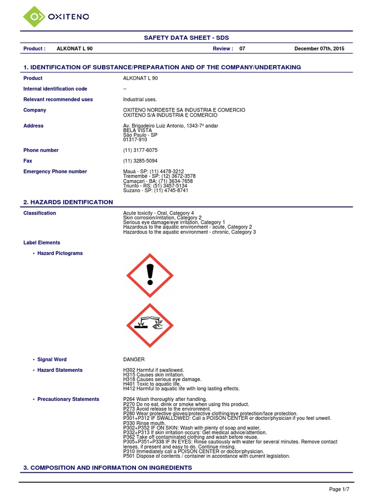 MSDS - Alkonat L90 - Oxiteno - 2016 | PDF | Dangerous Goods | Waste Management