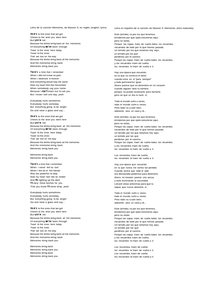 Letra de "Memories" de Maroon 5 | PDF | Música grabada