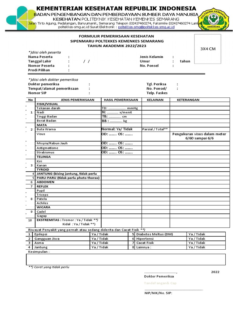 1.form Pemeriksaan Kesehatan Poltekkes Kemenkes Semarang 2022 | PDF