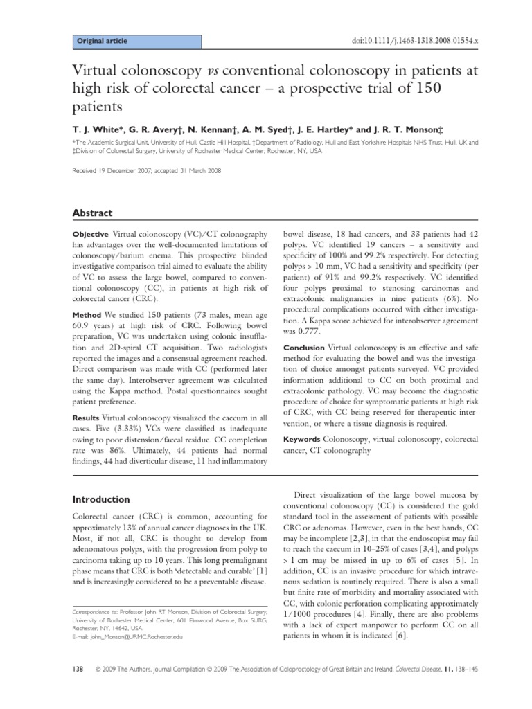 Virtual Colonoscopy Vs Conventional Colonoscopy in Patients at High ...