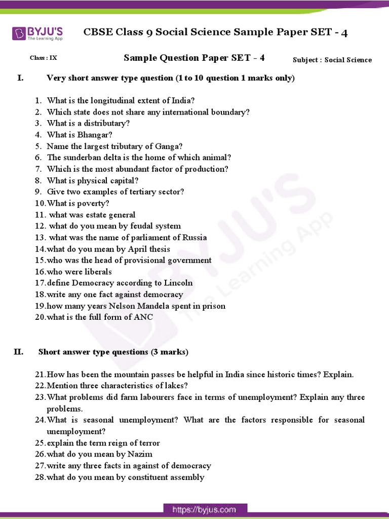CBSE Class 9 Social Science Sample Paper SET 4 | PDF | Democracy ...