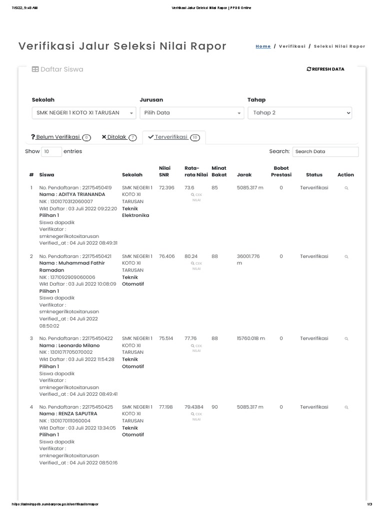 Verifikasi Jalur Seleksi Nilai Rapor - PPDB Online | PDF