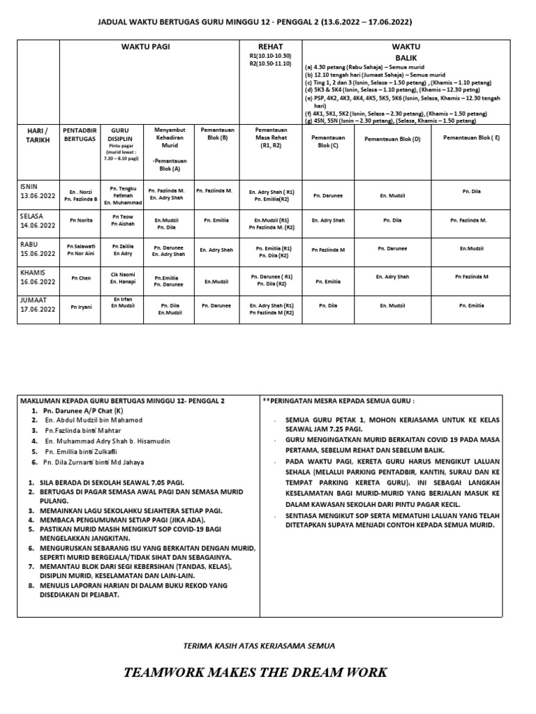 Jadual Guru Bertugas Mingguan - Minggu 12 | PDF