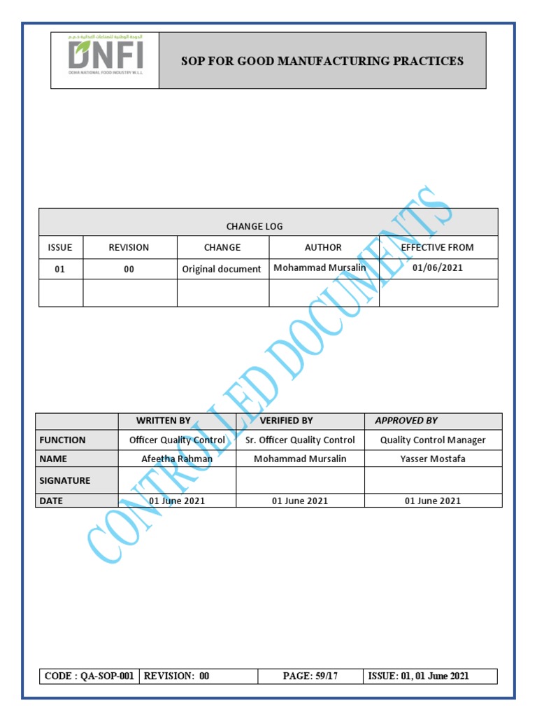 Sop For Good Manufacturing Practices: Written by Verified by Function ...