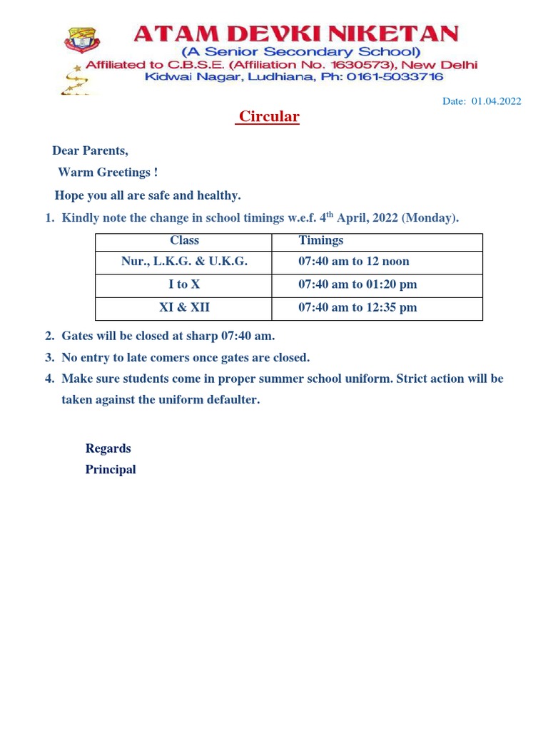Circular For Time Change 2022 | PDF