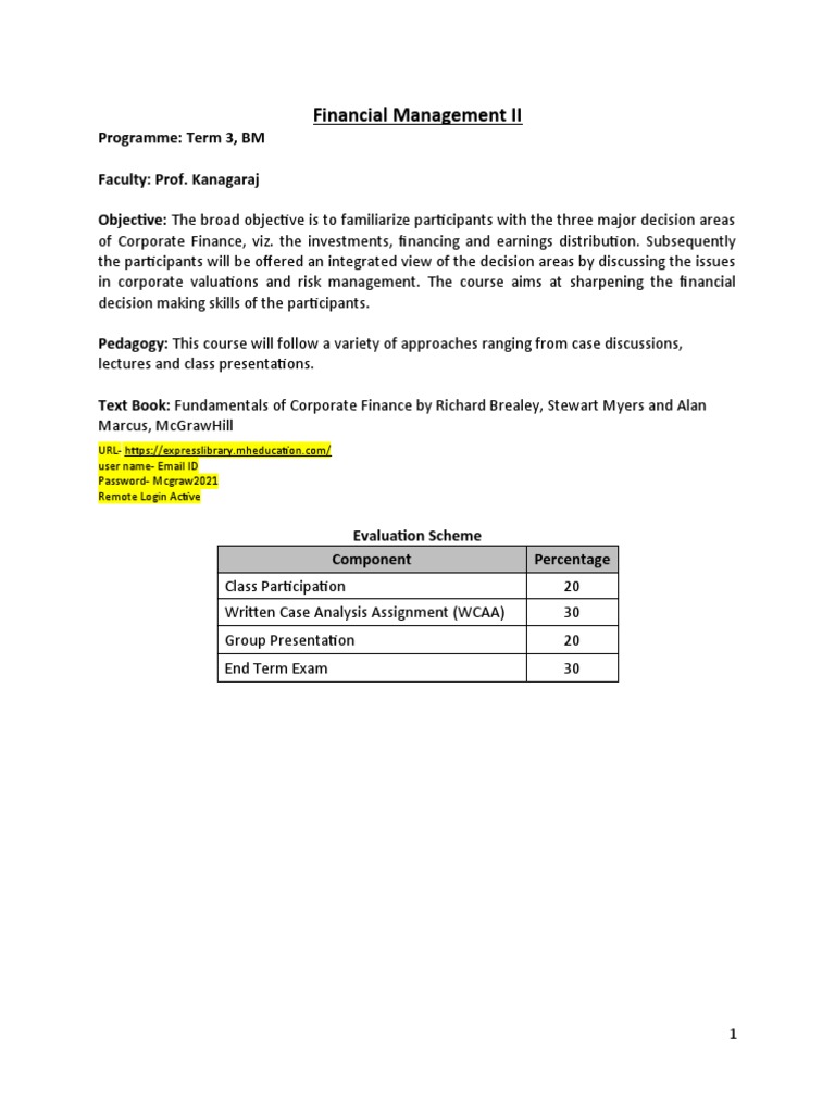 BM - FM II - Courseoutline | PDF | Beta (Finance) | Cost Of Capital