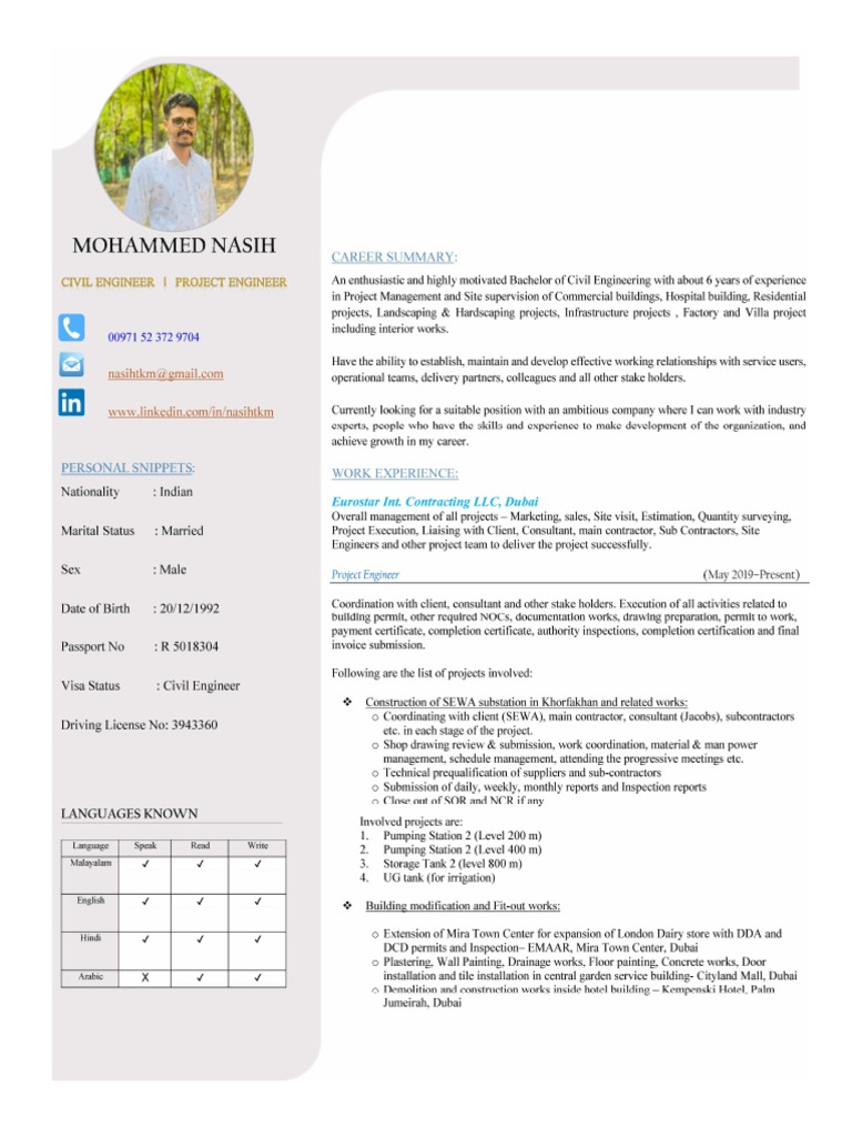 Mohammed Nasih Civil Engineer CV | PDF | Dubai | Economic Sectors