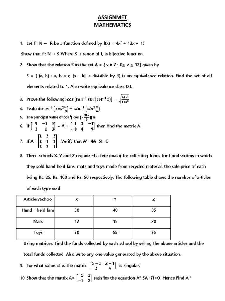 Holiday Homework Class 12 Mathematics | PDF | Matrix (Mathematics) | Area